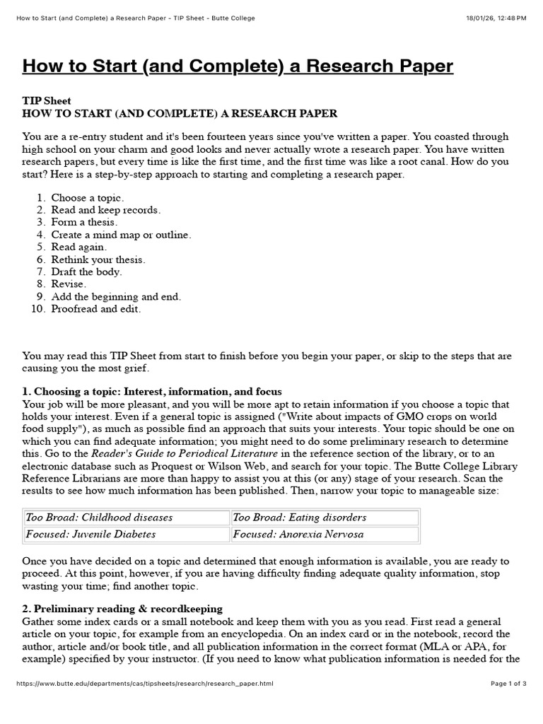 How to Start (and Complete) a Research Paper - TIP Sheet - Butte ...