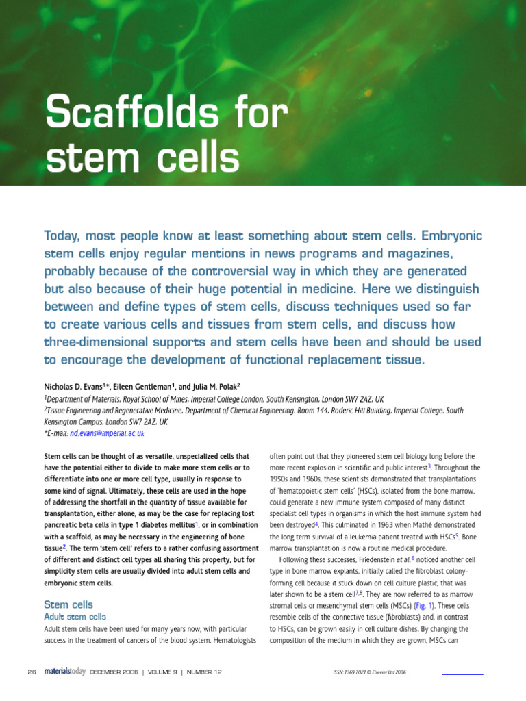 Scaffolds for stem cells | PDF | Tissue Engineering | Stem Cell