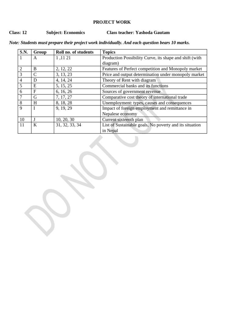 Project Work for Class 12 Economics | PDF