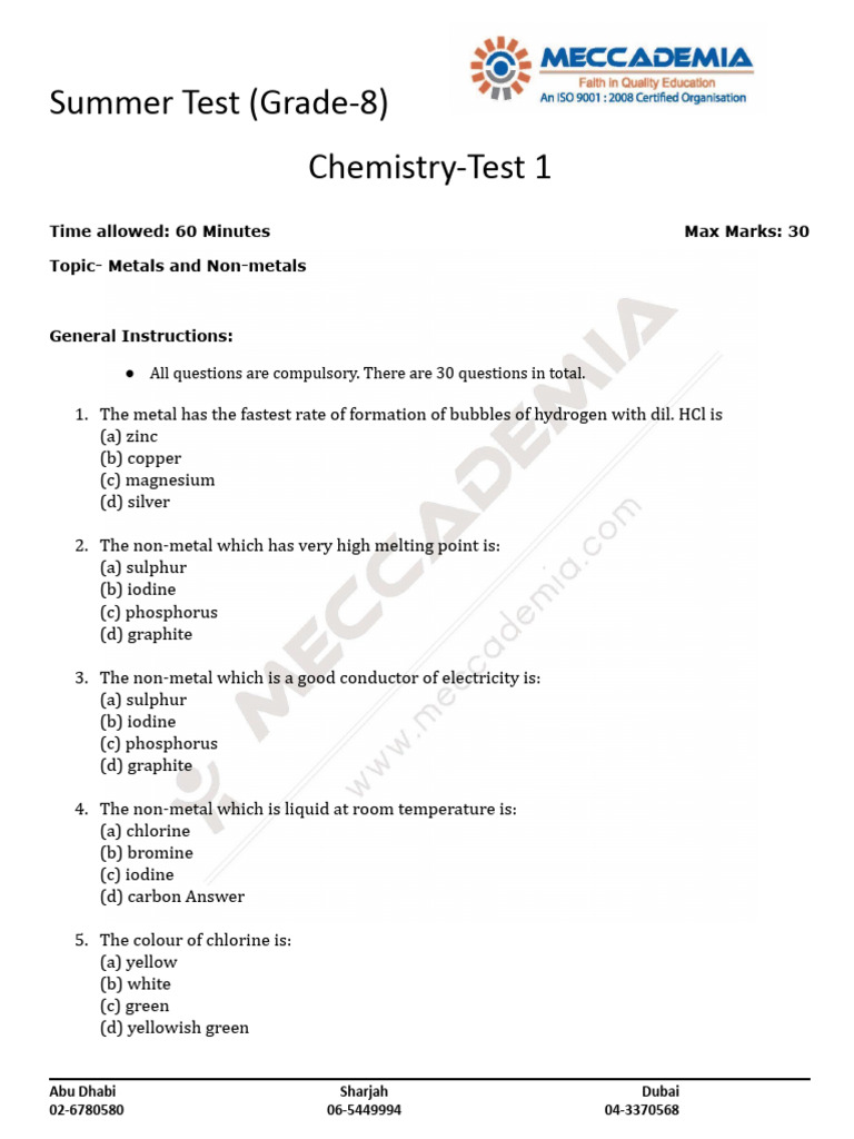 _GRADE 8- Metals and Non-metals.docx | PDF | Metals | Oxide