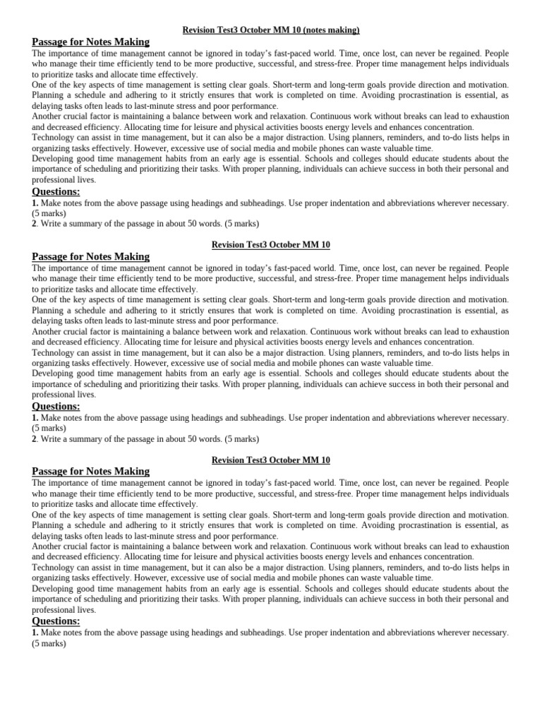 11th Revision Test 3 October Notes Making | PDF | Time Management ...