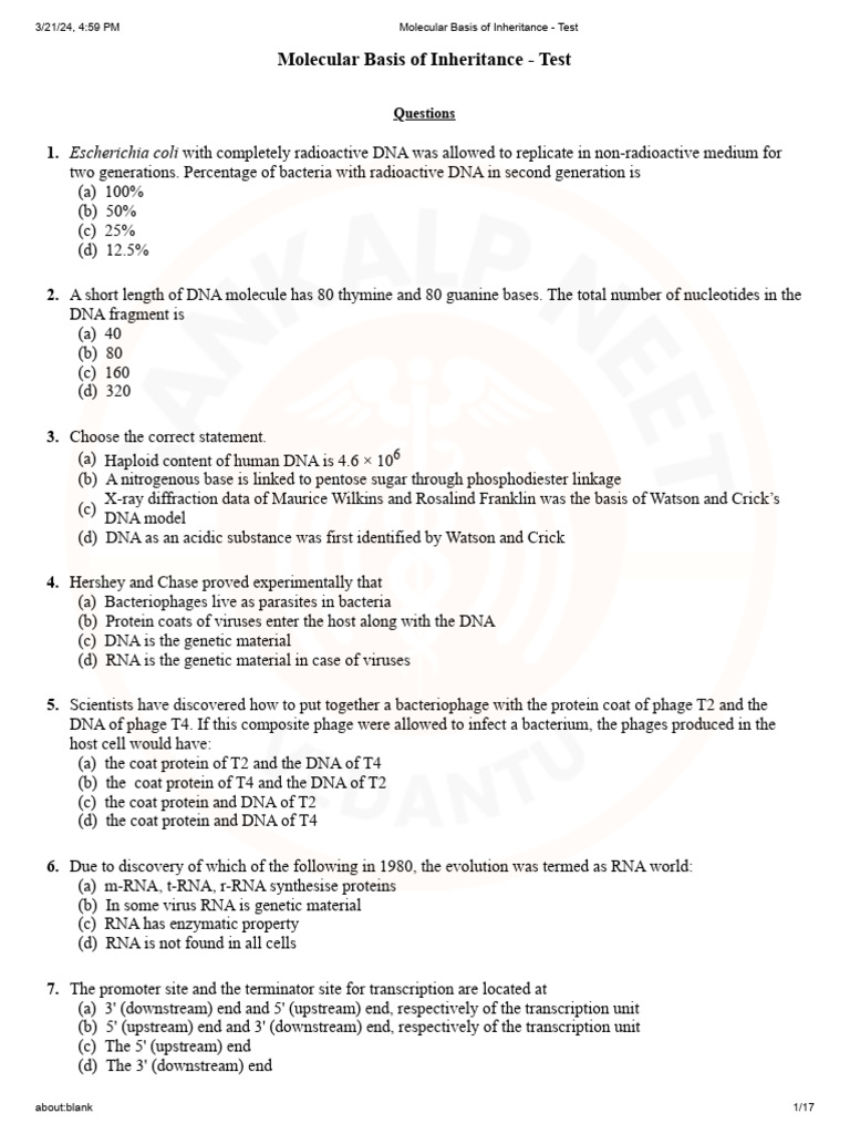 22 March 2024 Molecular Basis of Inheritance Questions Tarun Sir | PDF | Dna | Operon