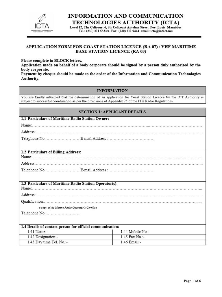 Coast Station Licence Application Form | PDF | High Frequency | Service ...