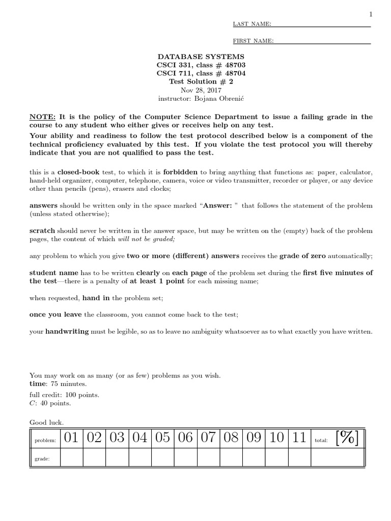 CS 331 Fall 2017 Exam 2 | PDF | Database Index | Computer Programming