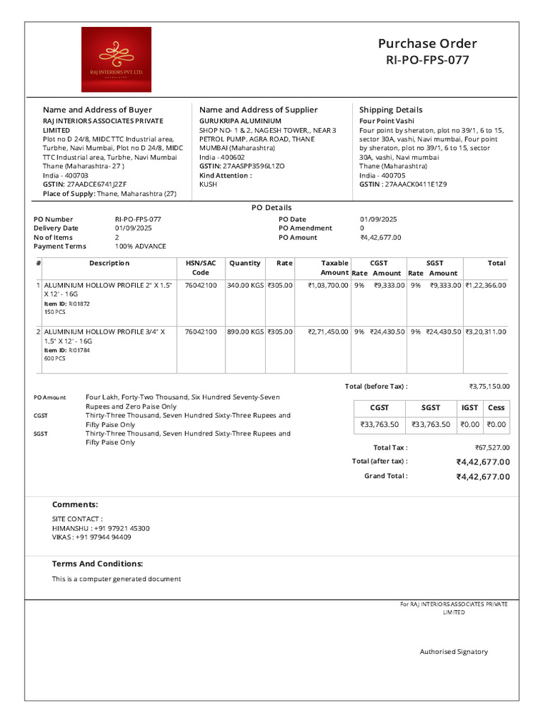 Purchase Order_RI PO FPS 077_2025!09!01 Alluminium | PDF | Taxation ...