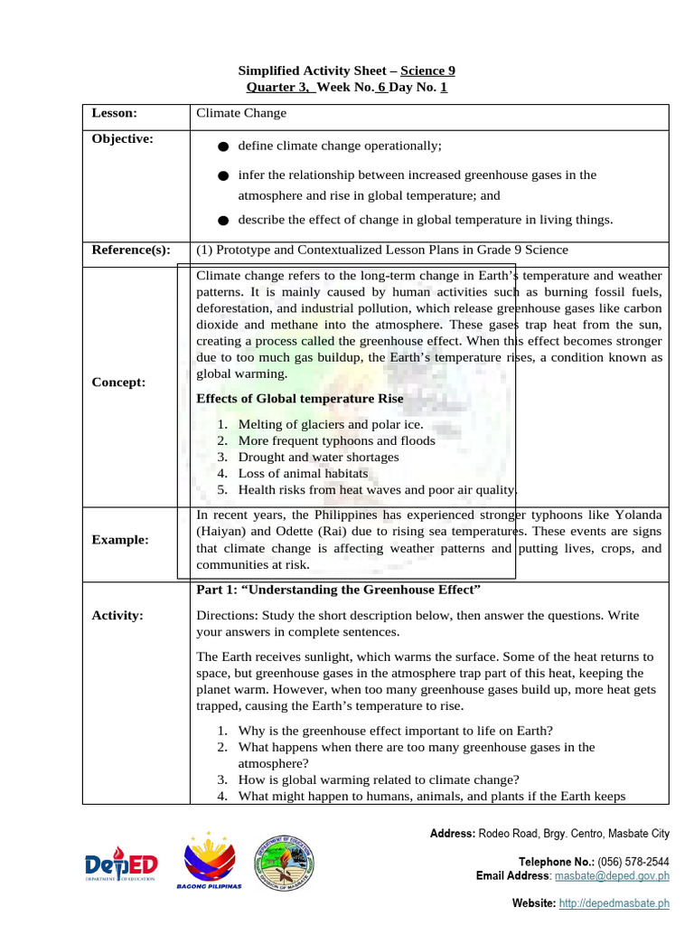 Climate Change Activity Sheet for Grade 9 | PDF | Climate Change ...