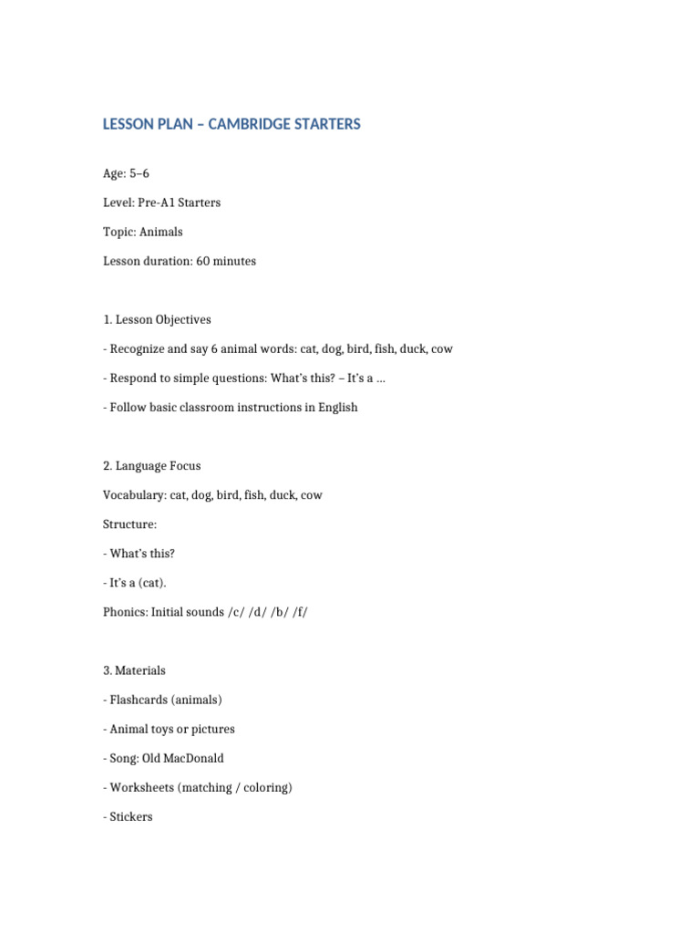 Lesson Plan Cambridge Starters Animals | PDF