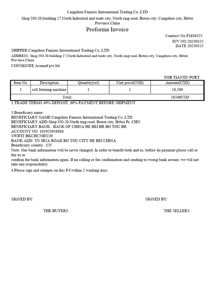 Proforma Invoice for Roll Forming Machine | PDF