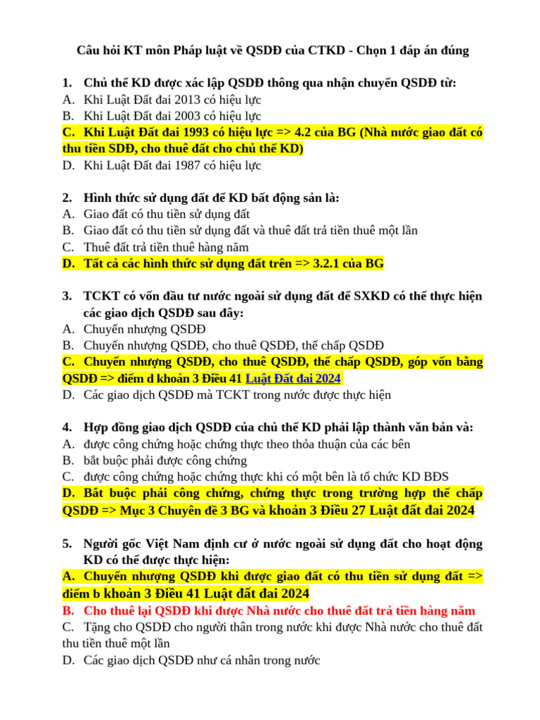 Câu hỏi KT giữa môn QSDD_CTKD | PDF