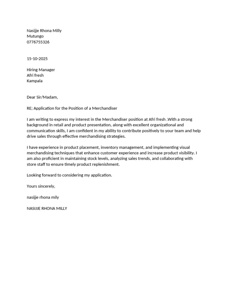 Merchandiser Application - Nasijje Rhona Milly | PDF