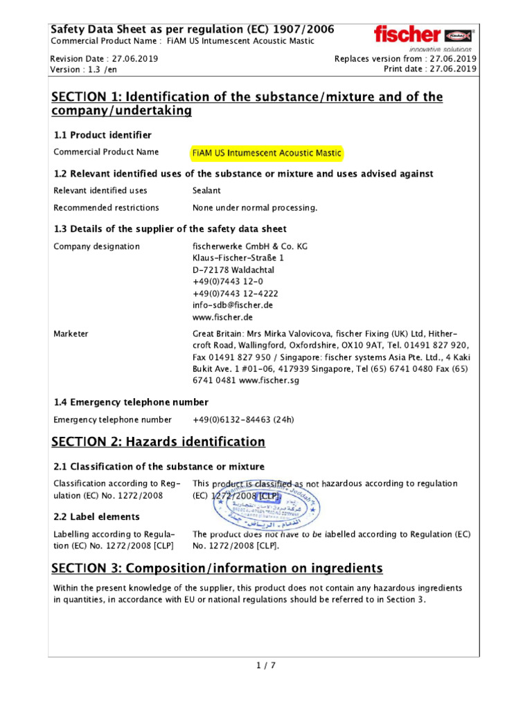 Intumescent Acoustic Mastic - FiAM US SDS | PDF