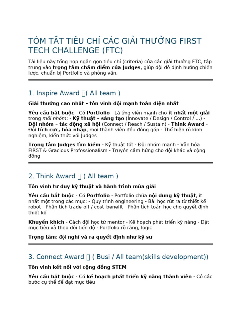 Ftc Awards – Summary Criteria | PDF