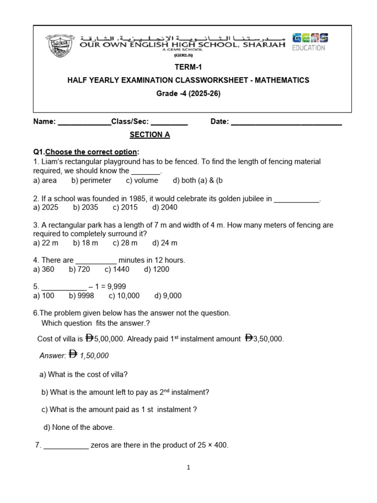 Grade 4 Math Half-Yearly Exam Worksheet | PDF