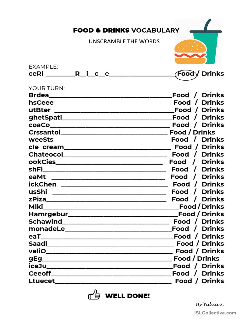 Food and Drinks Vocabulary Unscramble | PDF