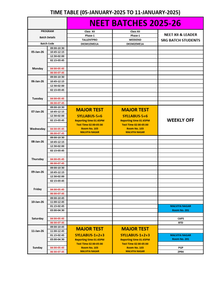 Neet Time Table (05-11 Jan 2026) | PDF | Physical Sciences