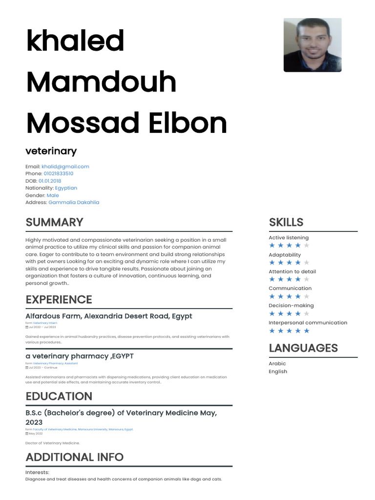 Khaled Resume 440 | PDF | Veterinary Medicine | Medicine