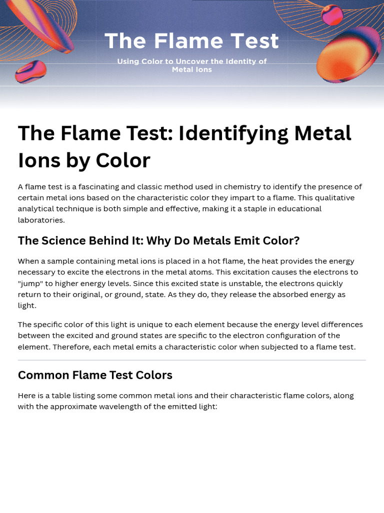 The Flame Test Identifying Metal Ions by Color (1) | PDF | Color | Green