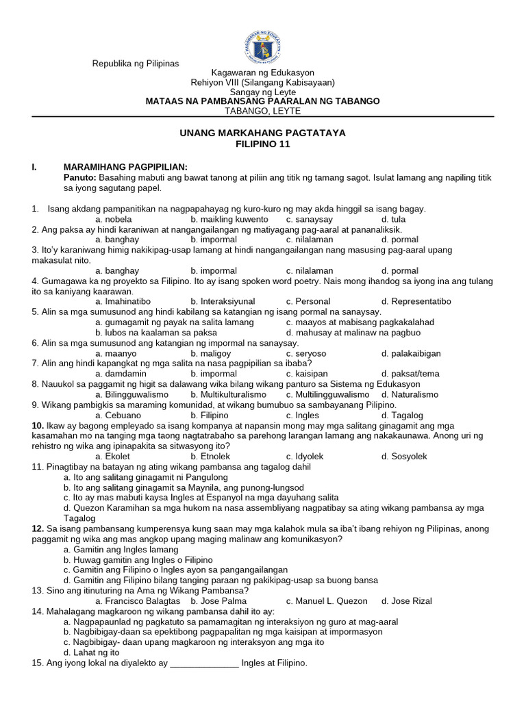 FILIPINO -1st Summative Test | PDF