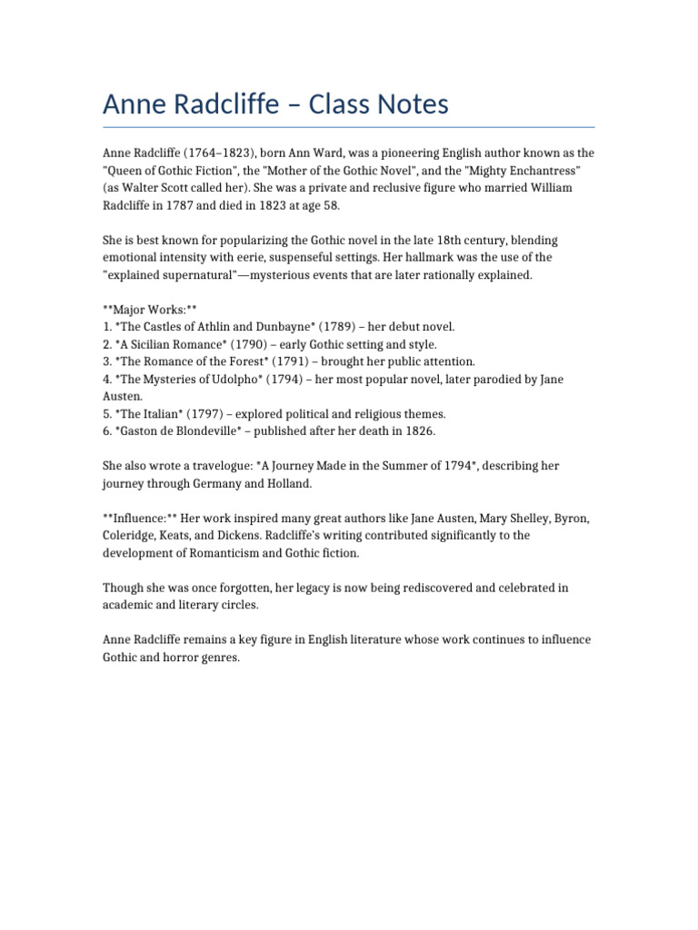 Anne Radcliffe: Queen of Gothic Fiction | PDF