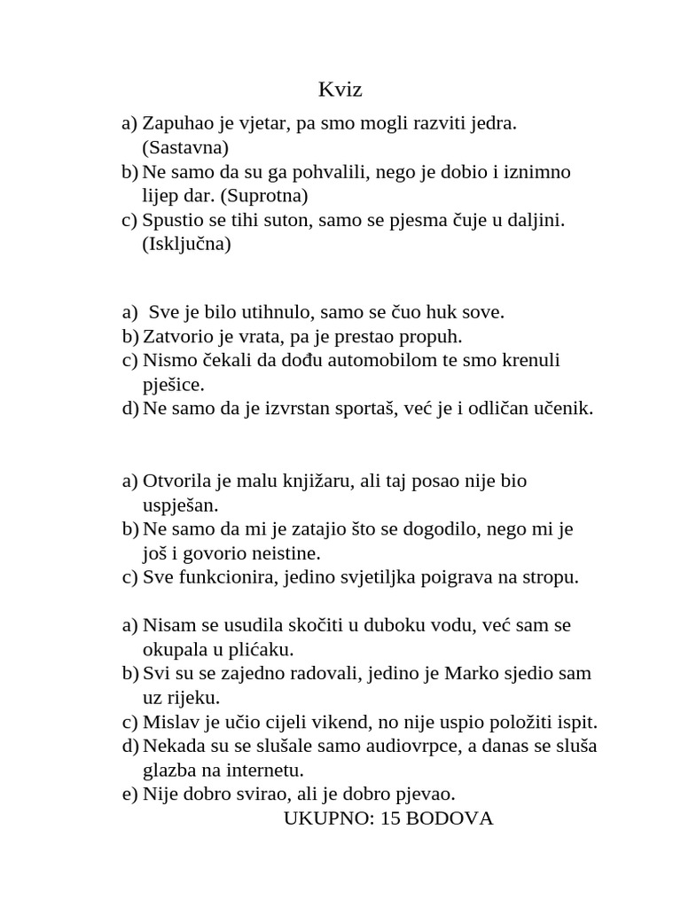 Kviz Nezavisnosložene Rečenice 2. Razred | PDF