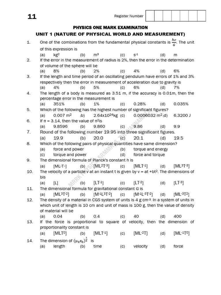 11 Std. Physics One Mark Examination Book Back | PDF | Gases | Force