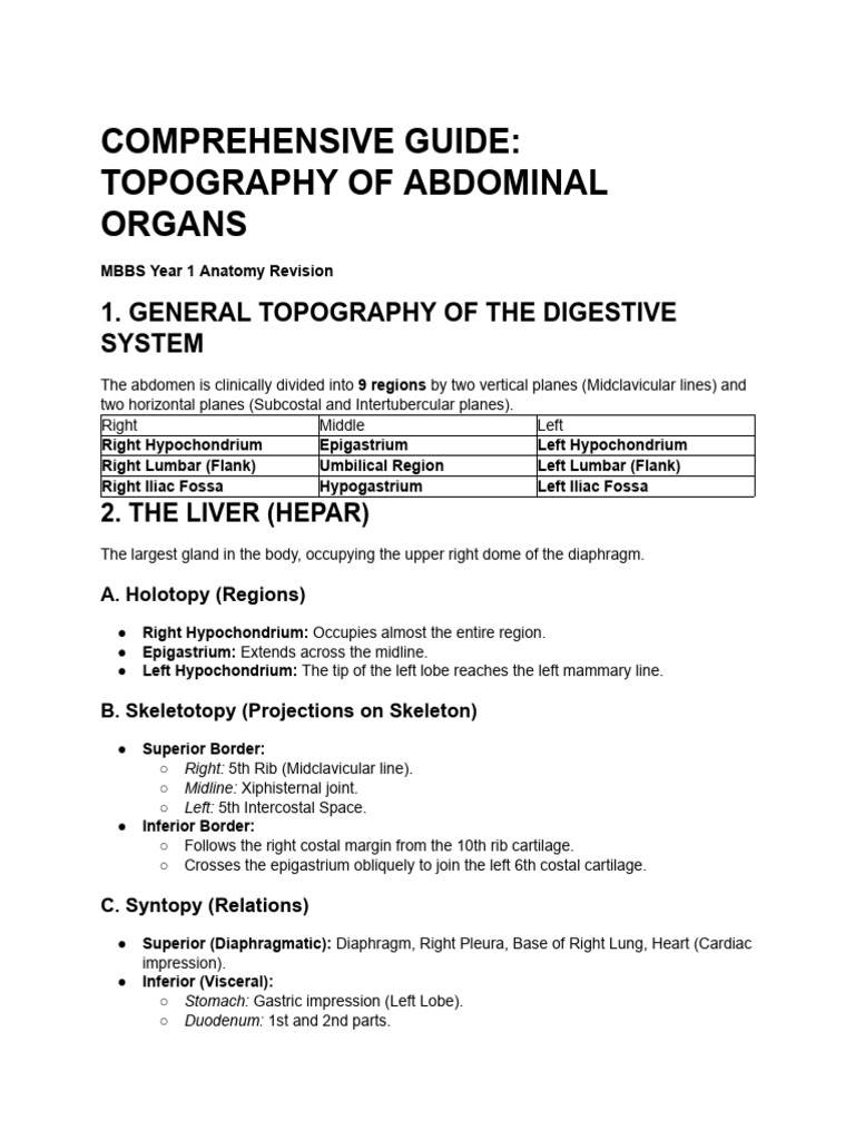 Abdominal Topography Notes | PDF | Abdomen | Stomach