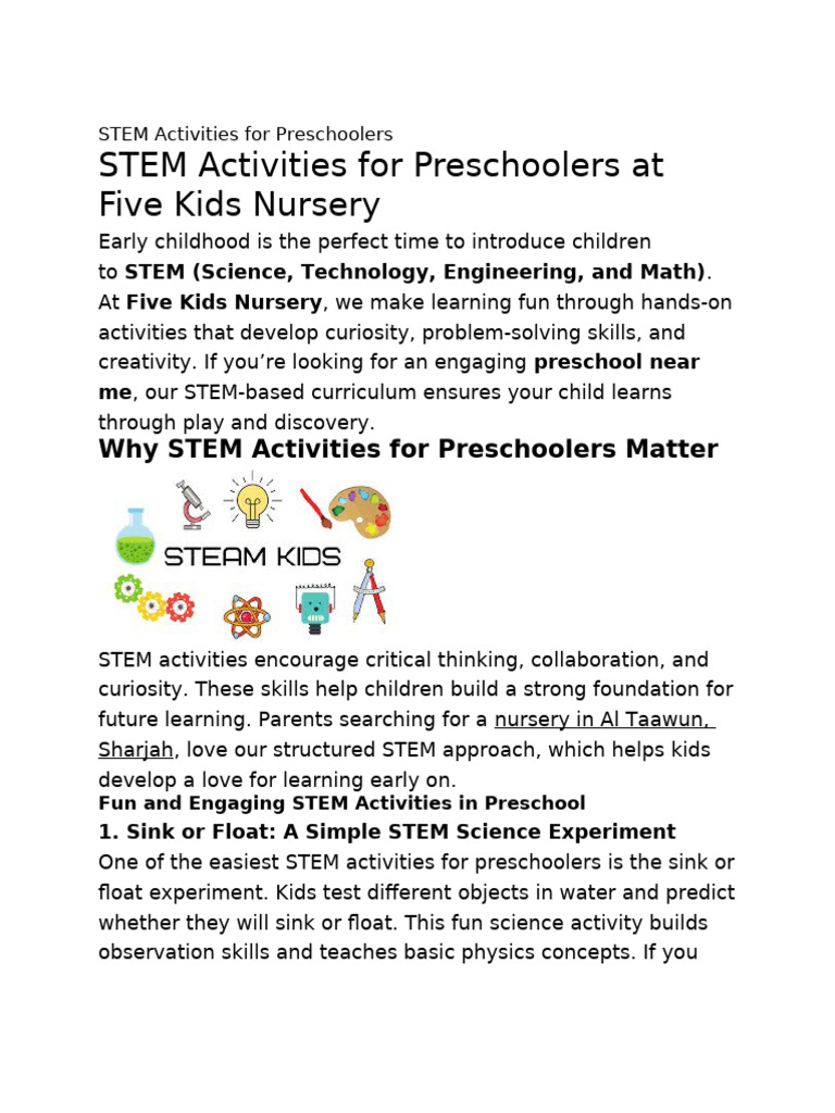 STEM Activities for Preschoolers | PDF | Preschool | Science ...