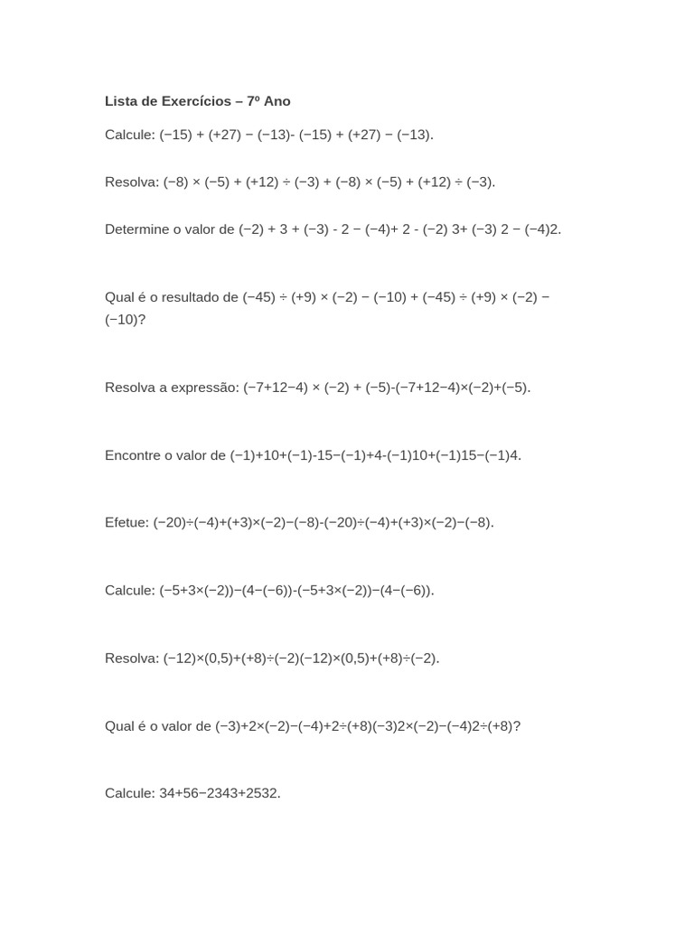 Lista de Exercícios – 7º Ano Exerc | PDF | Triângulo | Ângulo