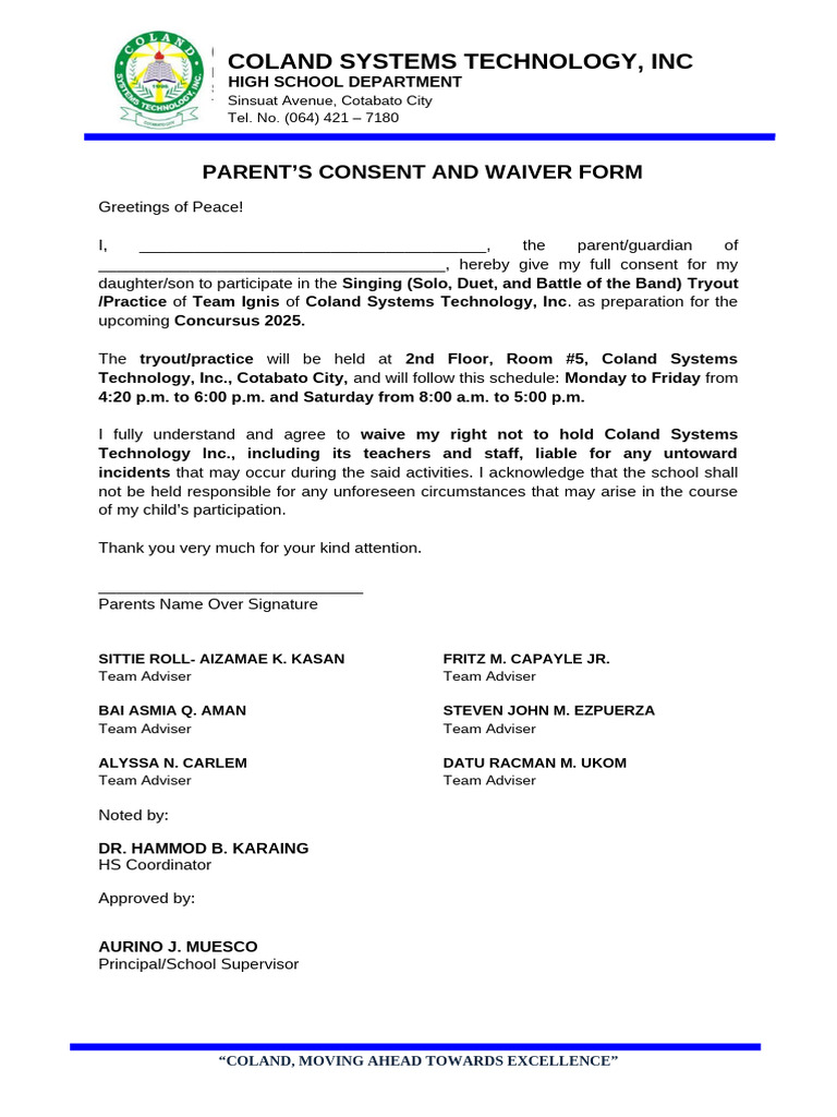 Parents Waiver and Consent School Singing SJ | PDF
