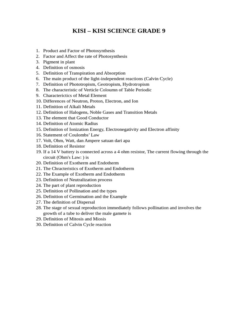 Kisi - Kisi Science Jhs 9 | PDF