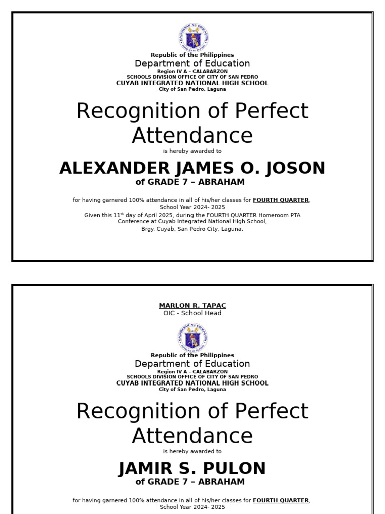 Perfect Attendance Awards 2025 | PDF