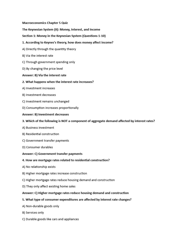 Keynesian Money and Interest Quiz | PDF | Interest | Aggregate Demand