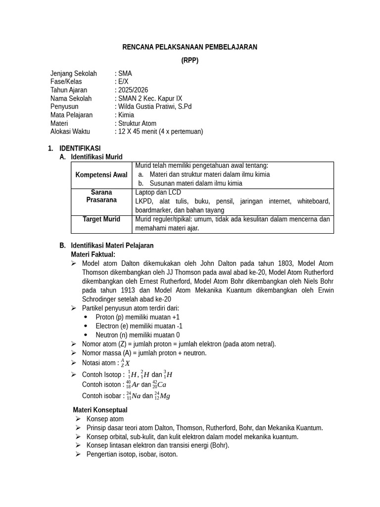 RPP Kimia: Struktur Atom SMA 2025/2026 | PDF