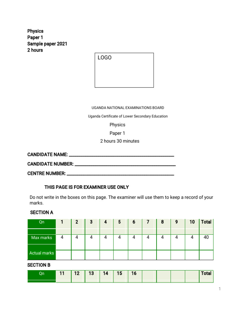 UNEB Sample Physics Paper 1 | PDF