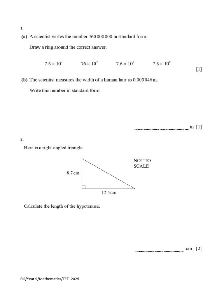 Year 9 Mathematics TET1 | PDF