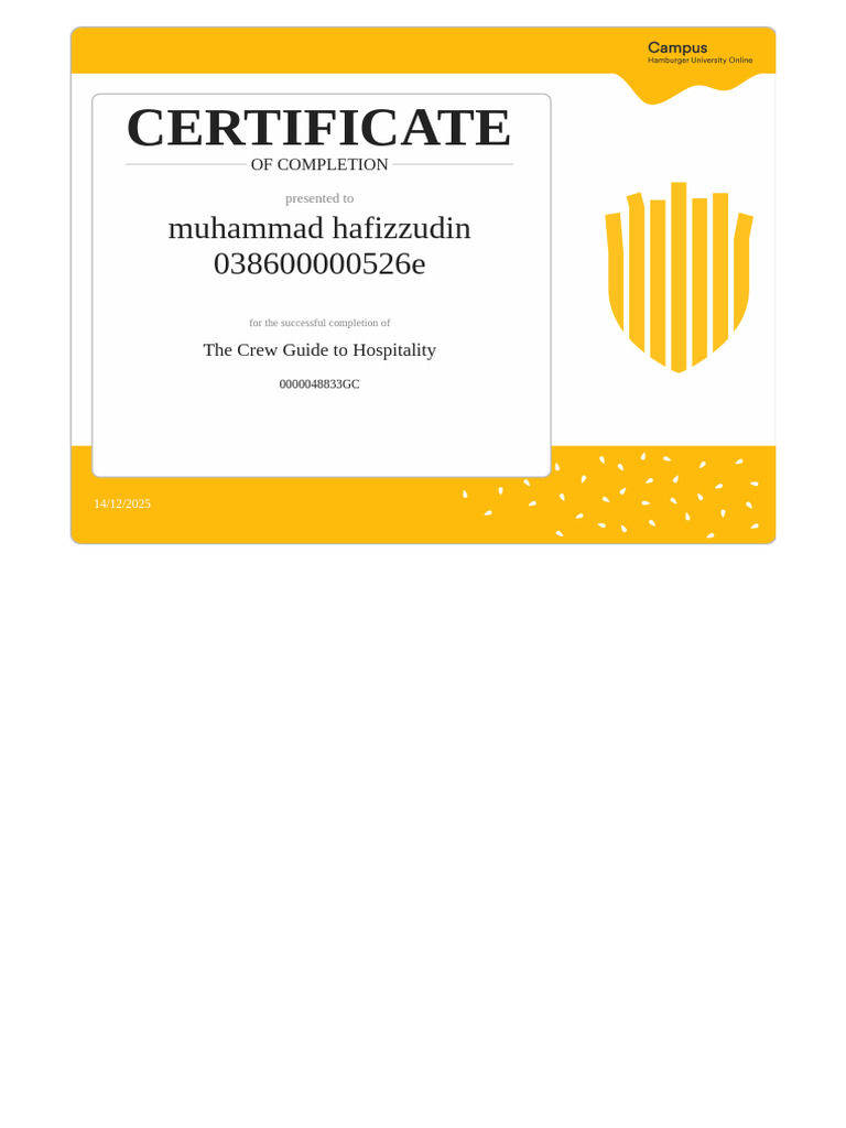 Certificate of Completion: Hospitality Course | PDF