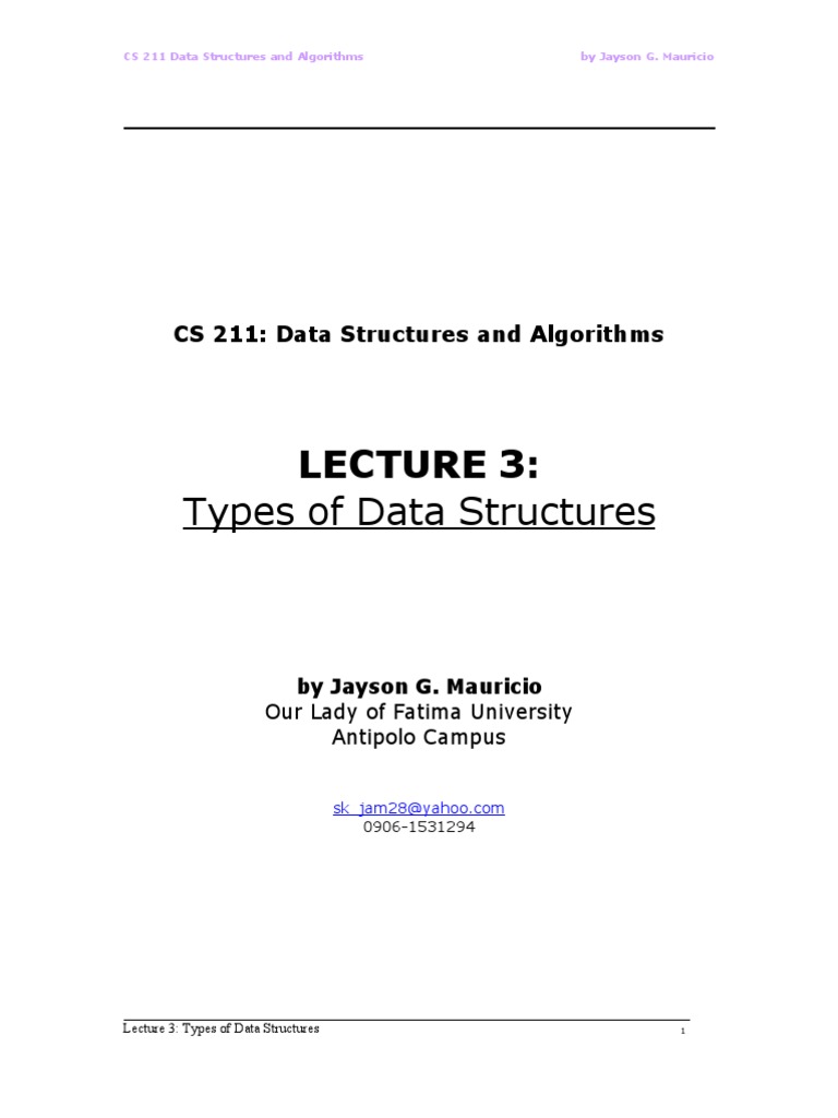 CS 211 Lecture 03 Types Of Data Structures PDF Array Data 