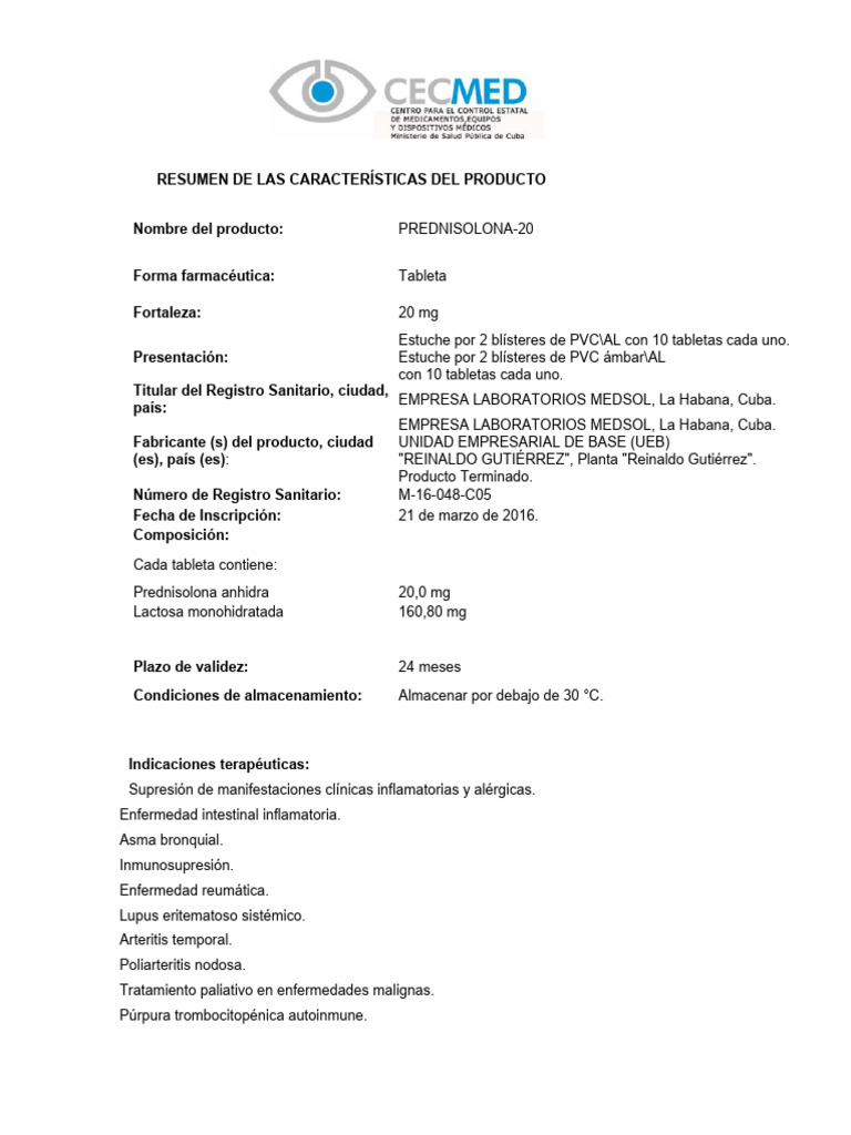 M16048C05 PREDNISOLONA 20 | PDF | Corticosteroides | Glucocorticoides