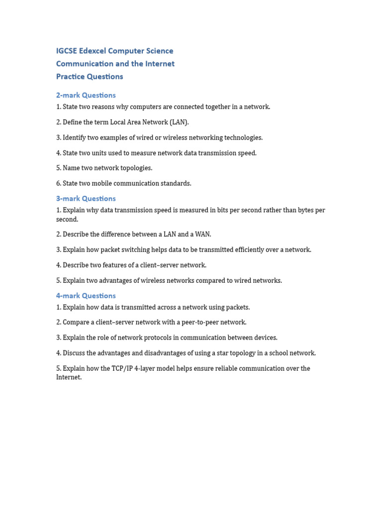 IGCSE Computer Science Network Practice Questions | PDF