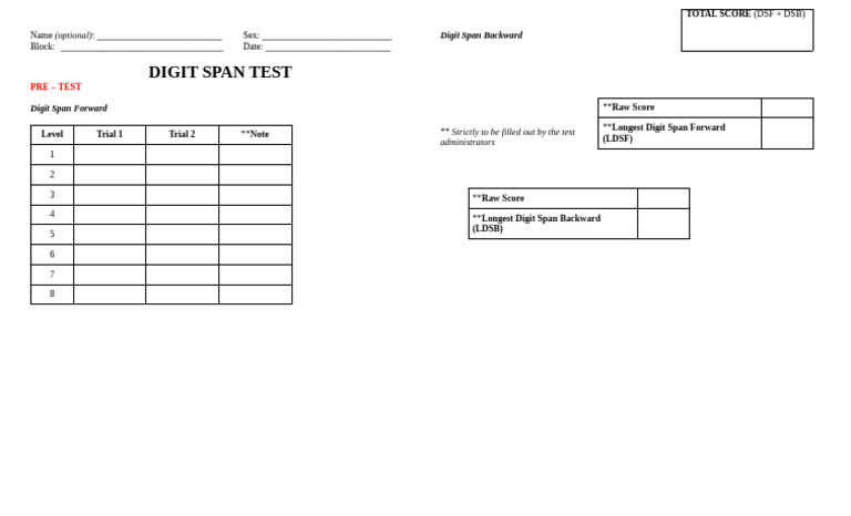 Digit Span Test Administration Form | PDF