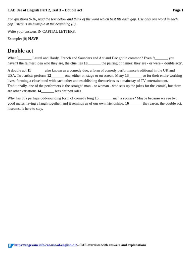 CAE Use of English Test 3: Double Acts | PDF | Verb | Linguistics