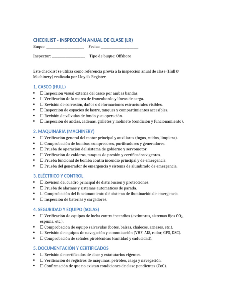 Checklist Inspeccion Anual Clase LR Offshore | PDF