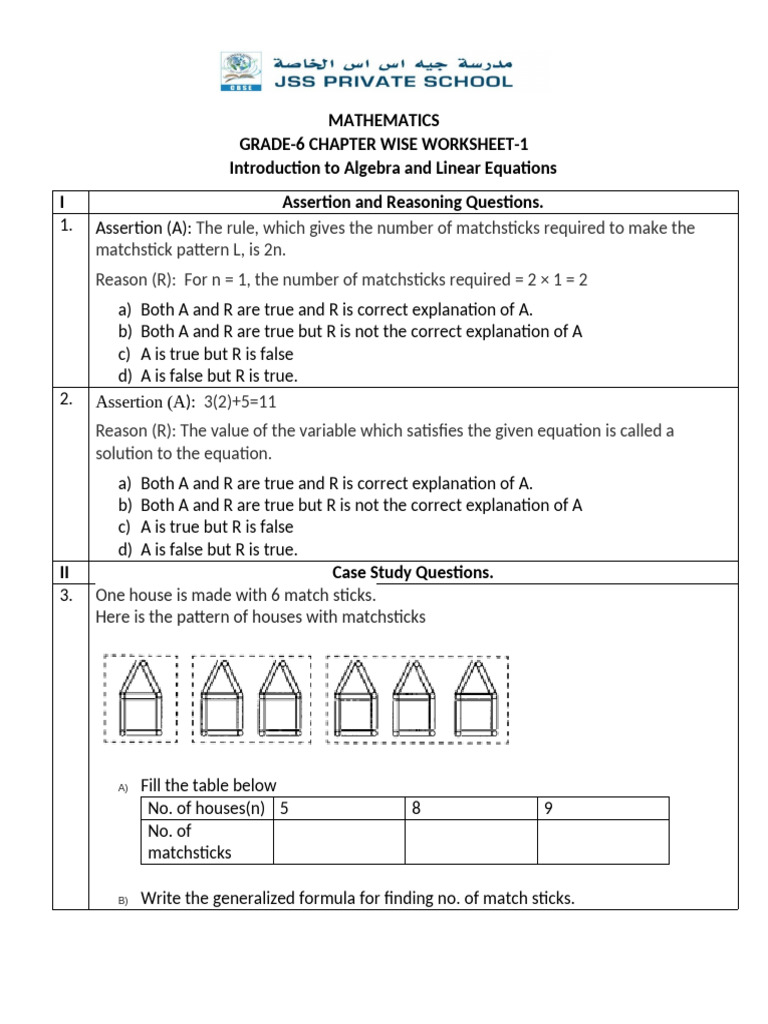 G6. Chapter Wise Worksheet -1 .(Algebra) | PDF | Equations | Algebra