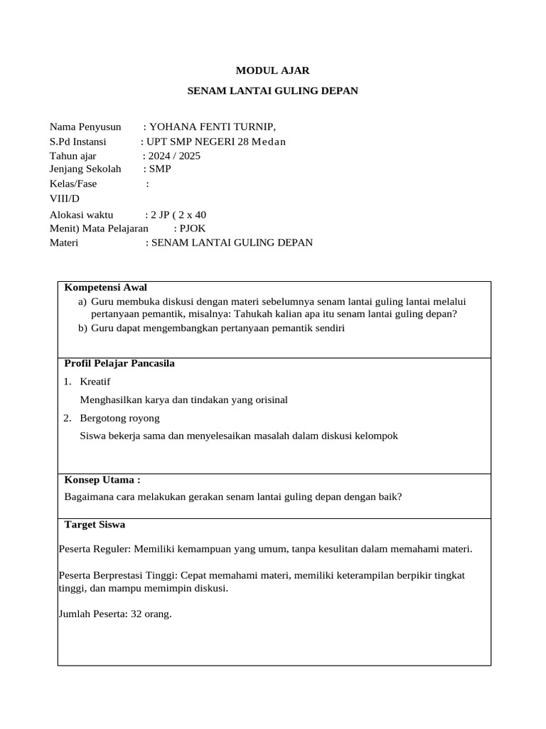 Modul Ajar Senam Lantai Guling Depan | PDF