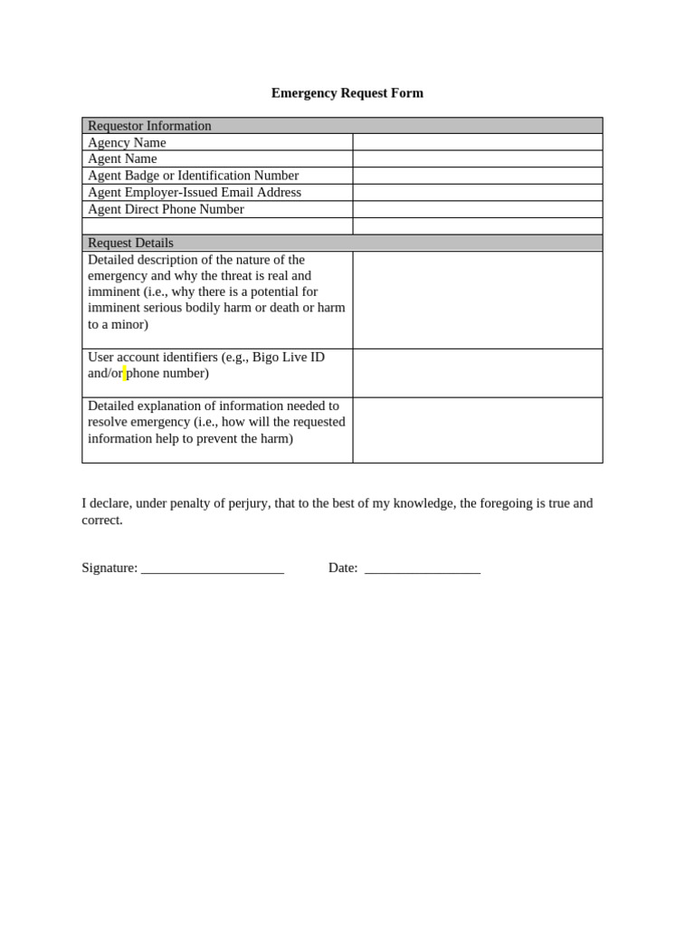 Emergency Request Form Template | PDF