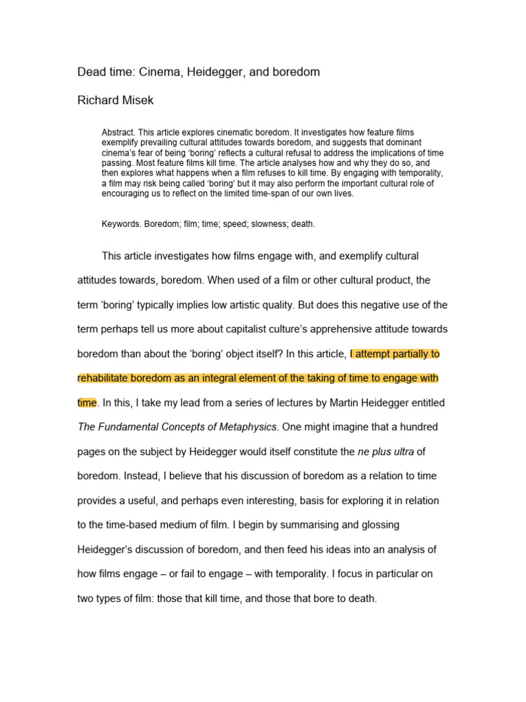 Dead Time- Cinema, Heidegger, And Boredom | PDF