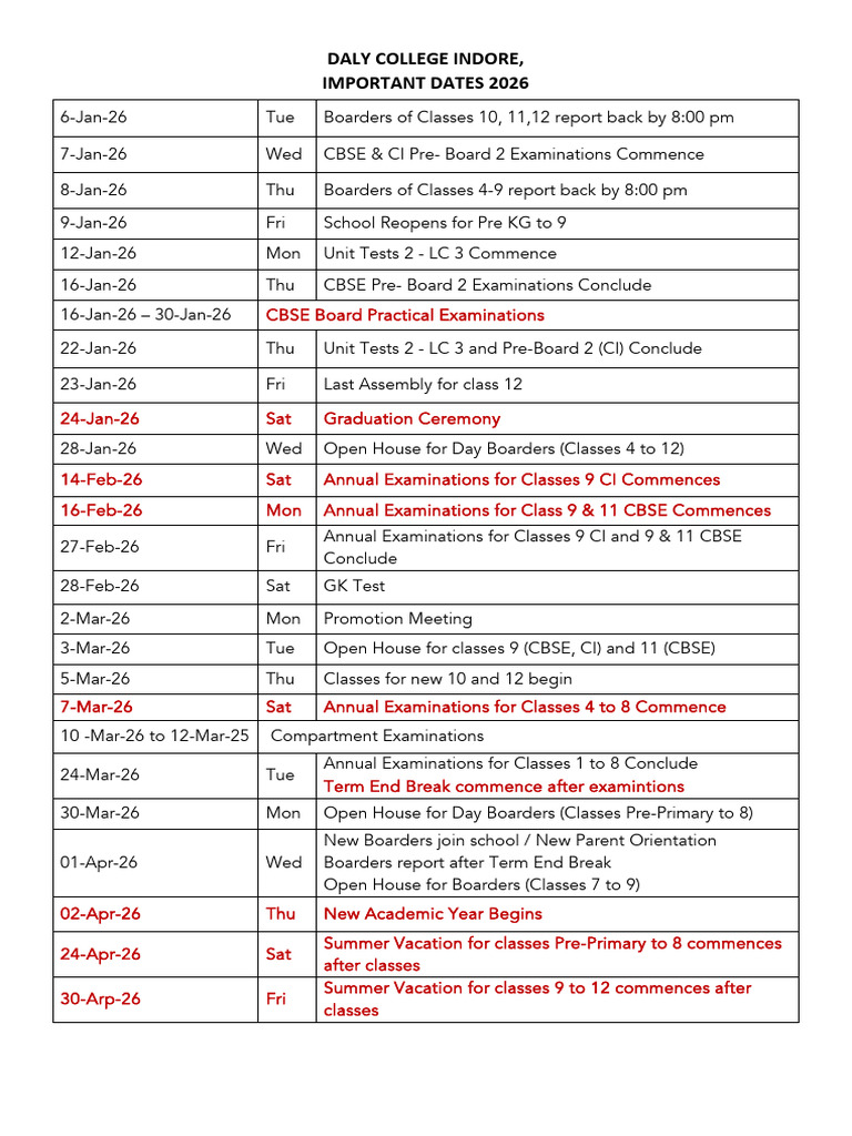 Daly College Indore Important Dates 2026 | PDF