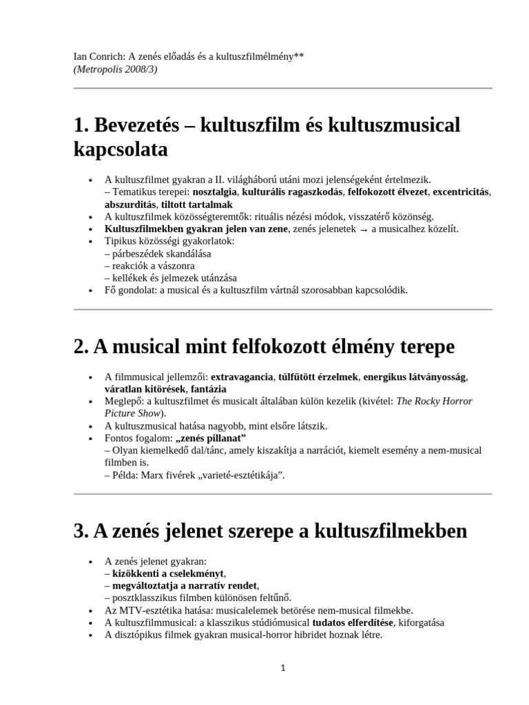 Vázlat_Ian Conrich - A Zenés Előadás És a Kultuszfilmélmény | PDF