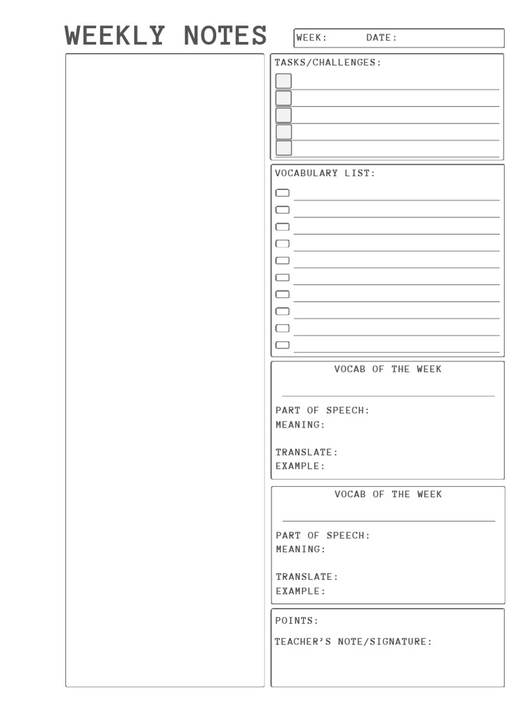 Weekly Vocabulary Notes Template | PDF