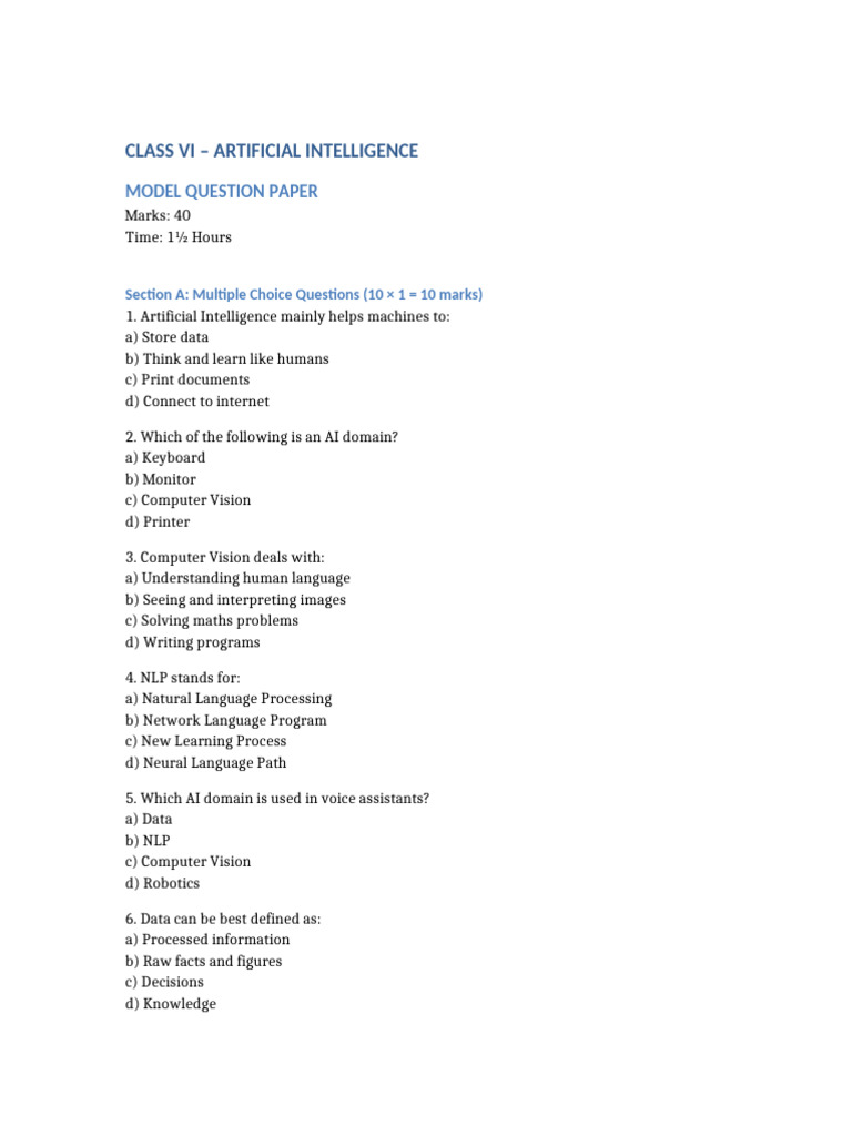 Class VI AI 40 Marks Model Paper | PDF | Artificial Intelligence ...
